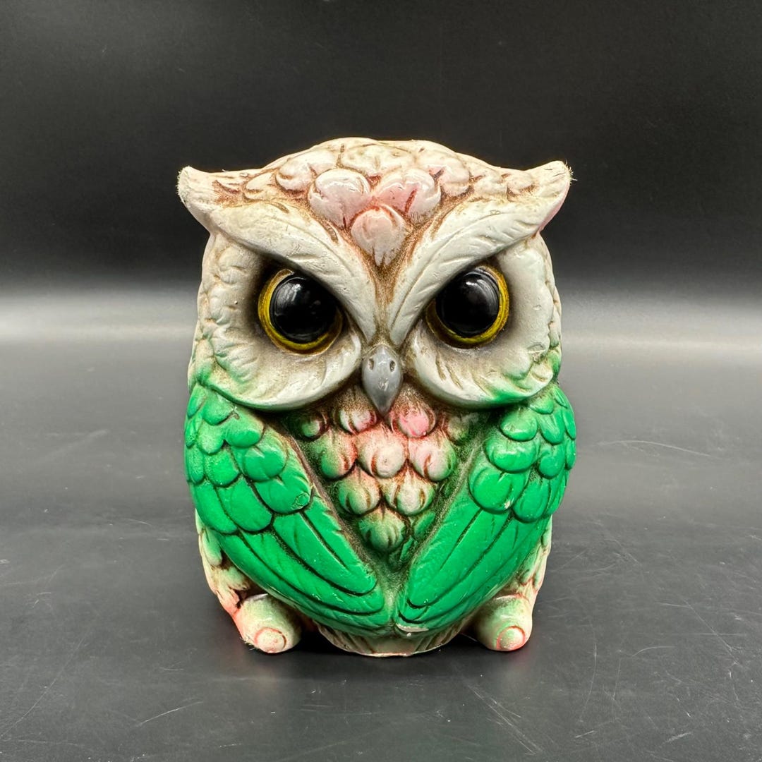 Vintage 1960s Owl Coin Bank Paper Mache Green Pink Retro Kitschy Big ...