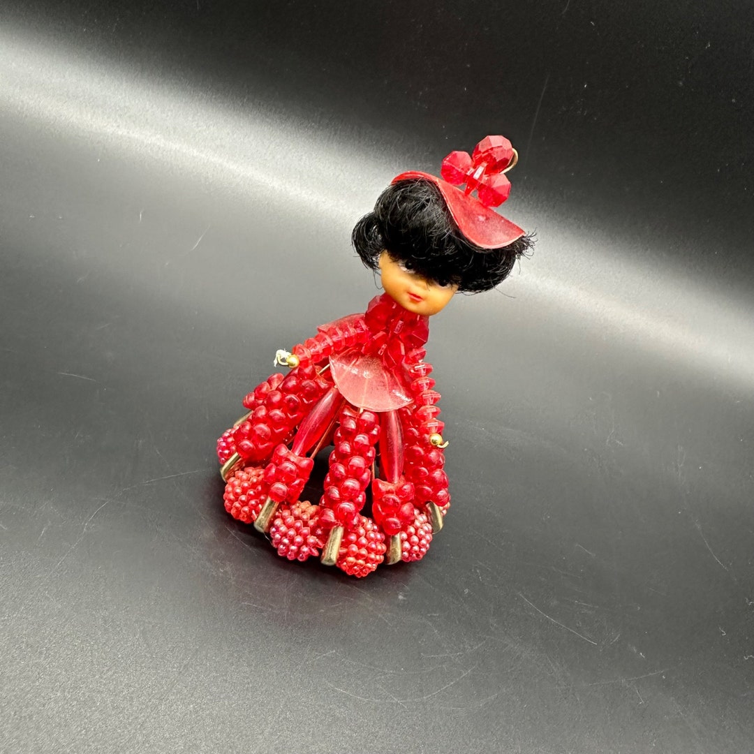 Vintage Doll Figurine Safety Pin Art Lady Kitschy Southern Belle Beaded ...