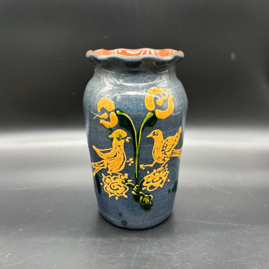 Vintage Pottery Vase Redware Blue Folk Art Birds Flowers Signed 1985 AS ...