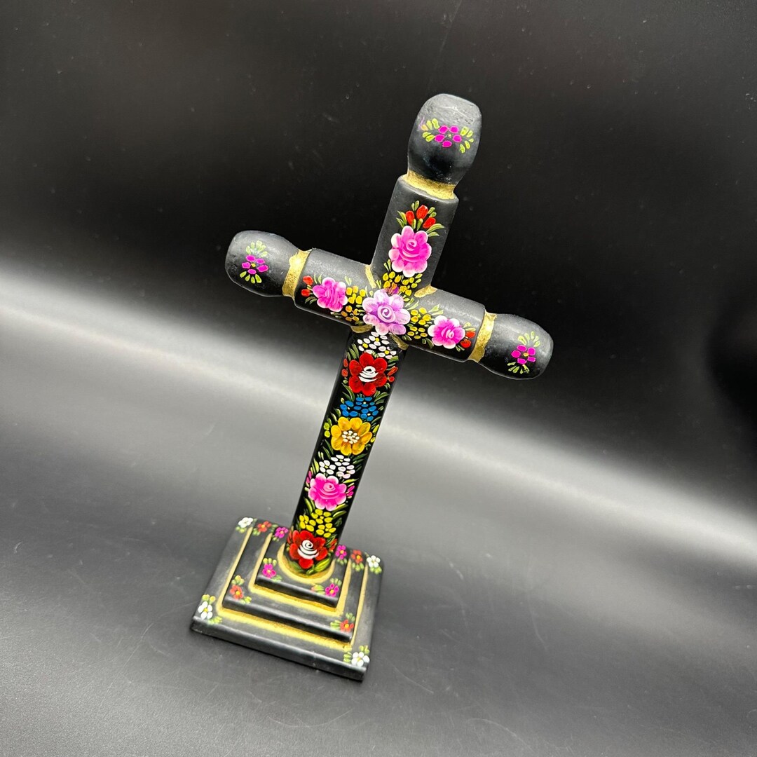 Wooden Cross Crucifix Black Floral Mexican Folk Art Pink Rose Flowers ...