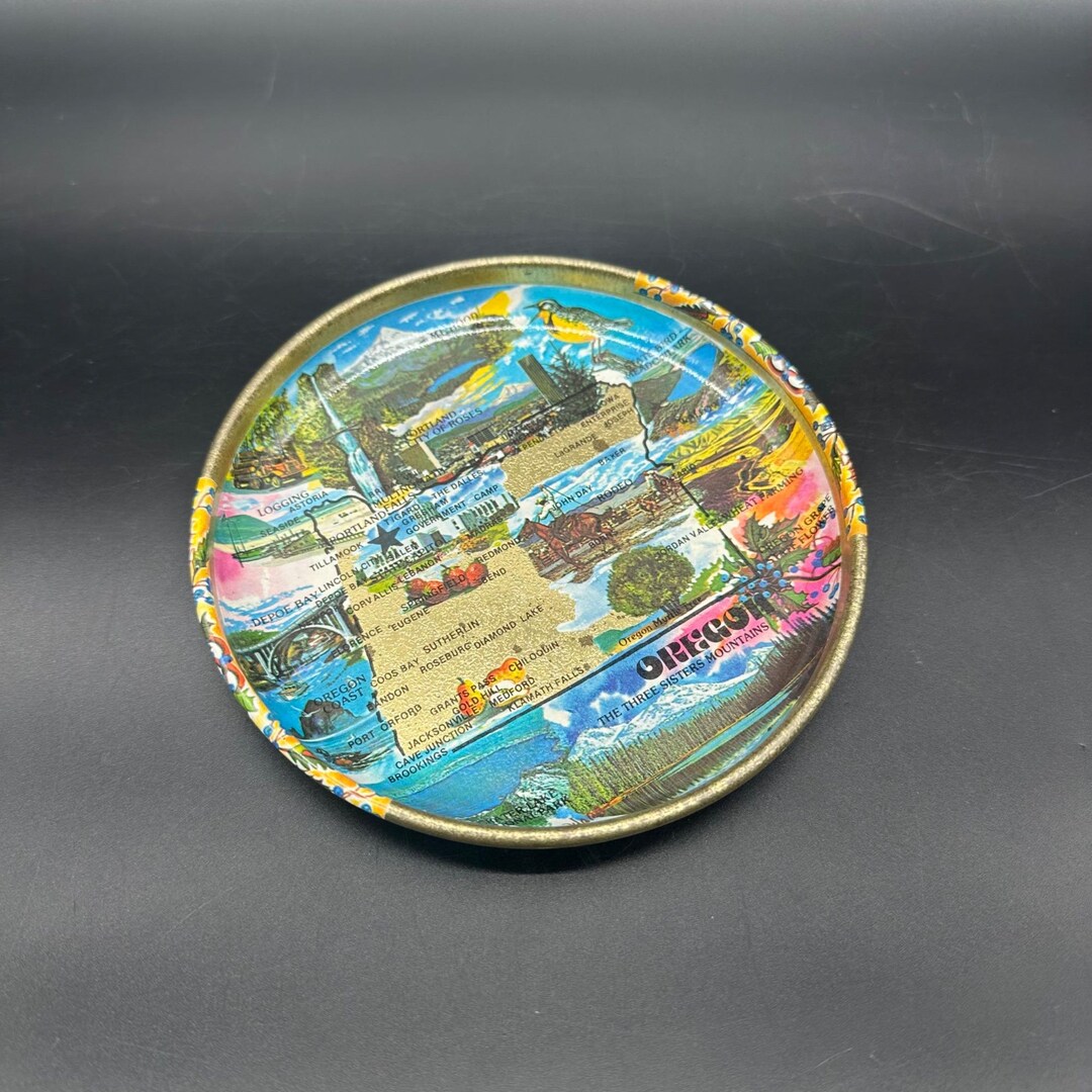 Vintage Oregon Tray Metal Round Souvenir Map Trinket Dish Keys Candy ...
