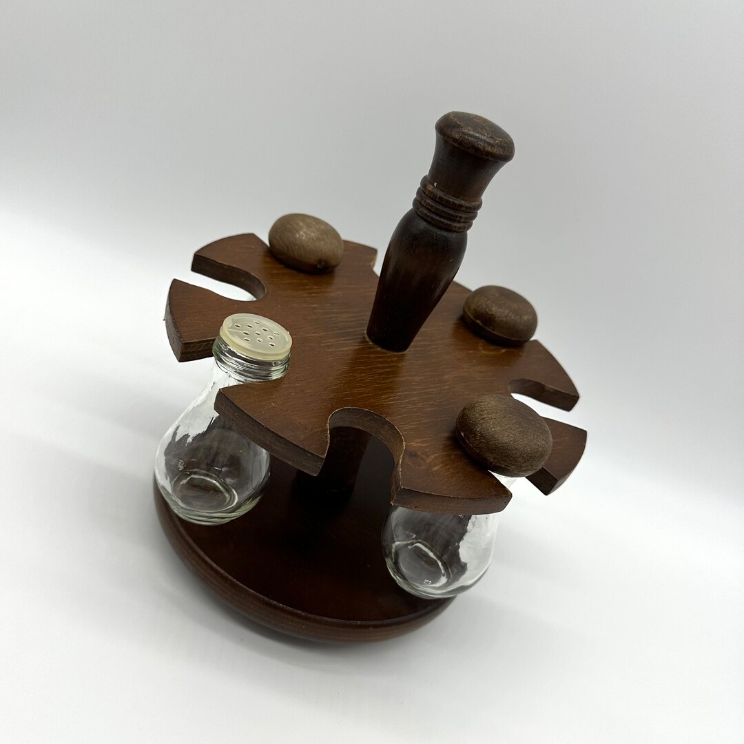 Vintage Spice Rack Spinning Glass Jars Hanging Mushroom Brown Lazy ...