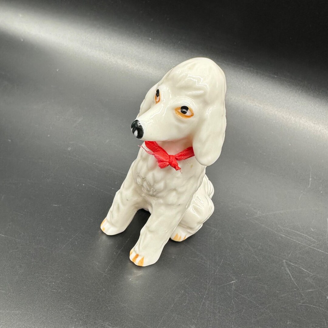 Vintage Ceramic Poodle Dog Figurine Red Ribbon White Miniature Decor ...