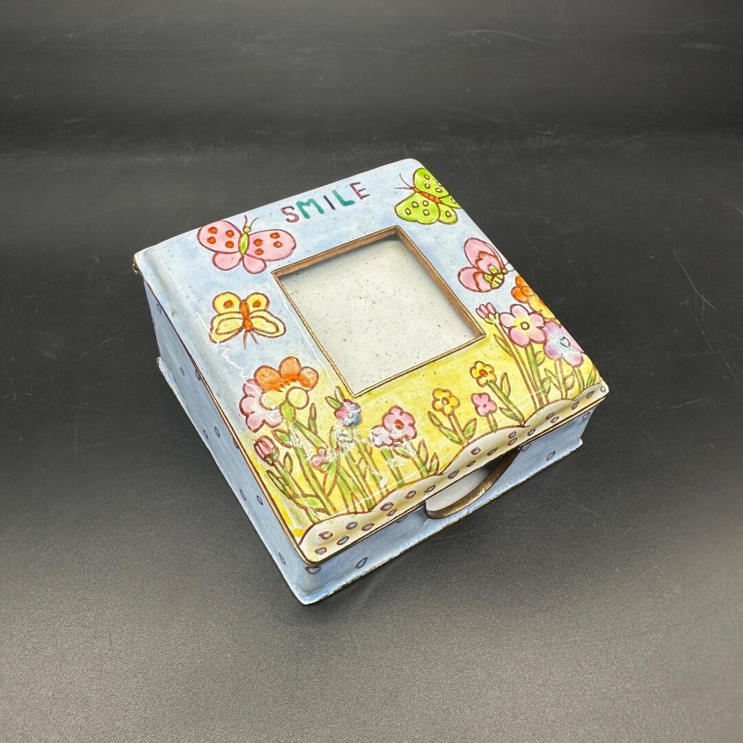 Enamel Metal Note Holder Picture Frame Cottage Desk Accessory Butterfly ...