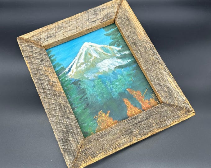Vintage Painting Rustic Barn Wood Frame Canvas Mountains Forest Fall ...