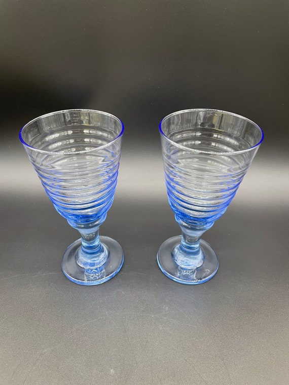 Blue Goblet Wine Glasses Ribbed Rings - Etsy