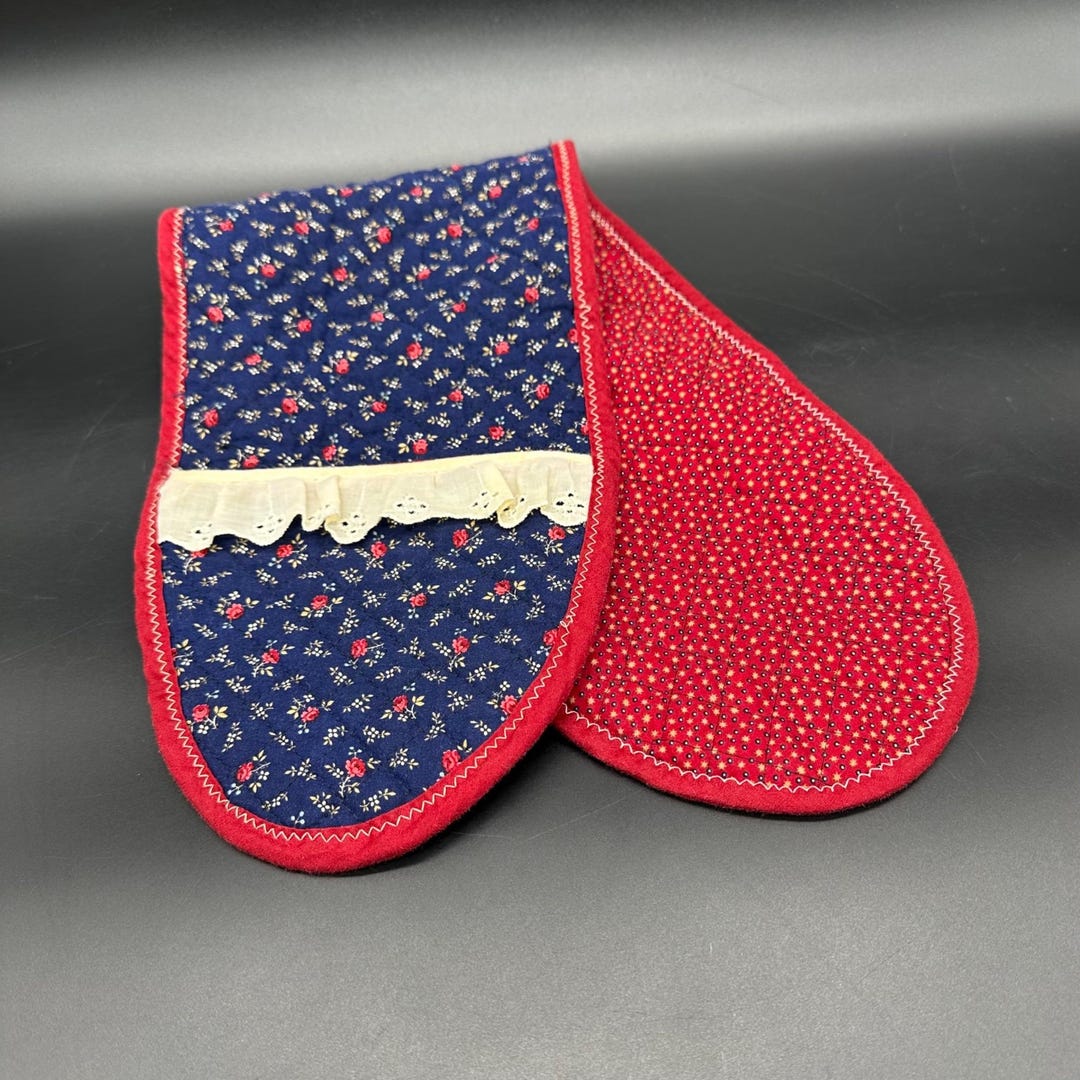 Vintage Double Oven Mitt Pot Holder 1980s Handmade Blue Floral Maroon ...
