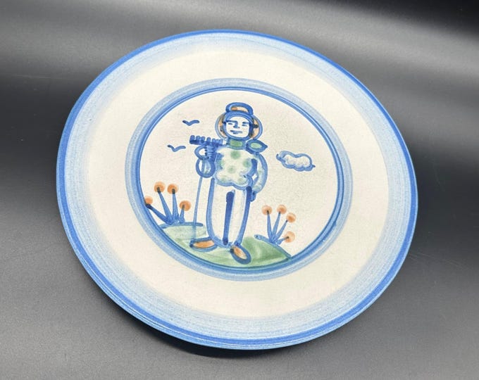 Vintage MA Hadley Pottery Farmer Man Plate Stoneware Blue Folk Art ...