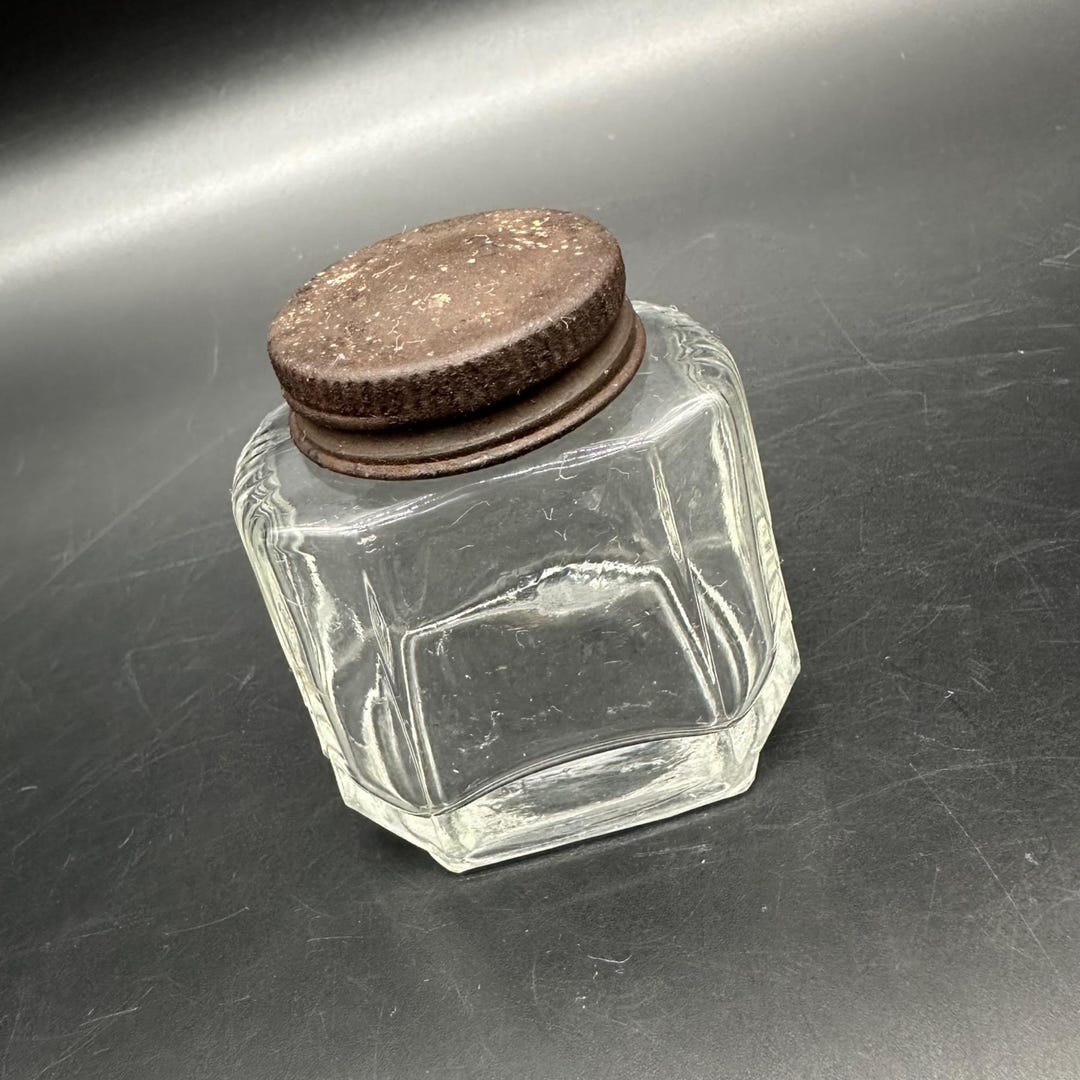 Vintage Clear Glass Jar Art Deco Ink Bottle Rusty Lid Storage Container ...