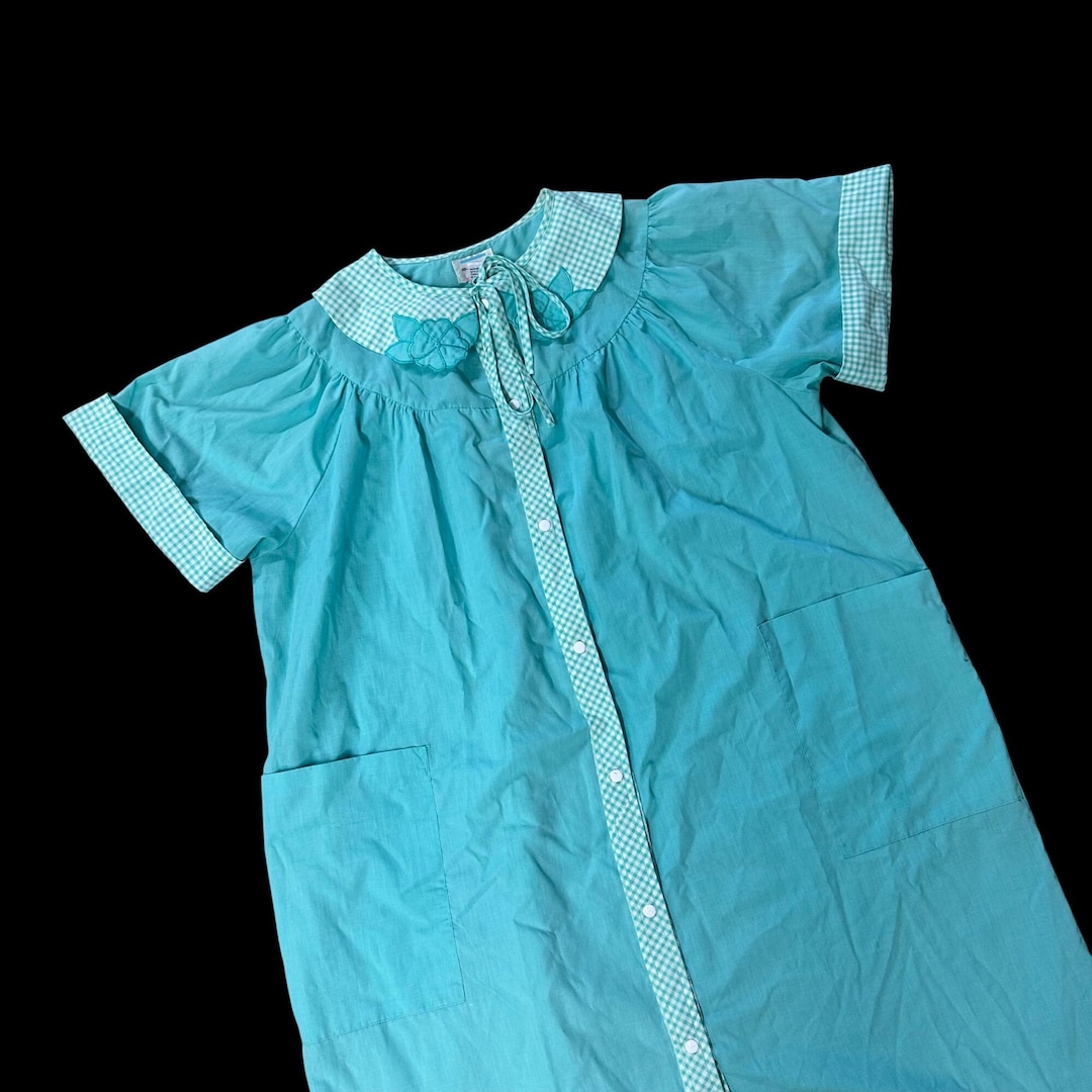 Vintage Duster Housecoat Robe Kelly Reed Womens 22W Aqua Gingham Snaps ...