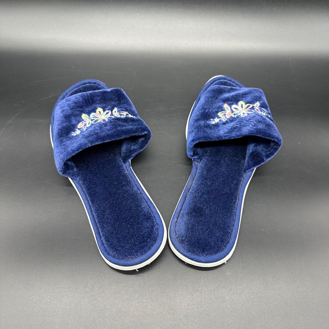 Vintage House Shoes Slippers Womens Medium Blue Floral Embroidery Size ...