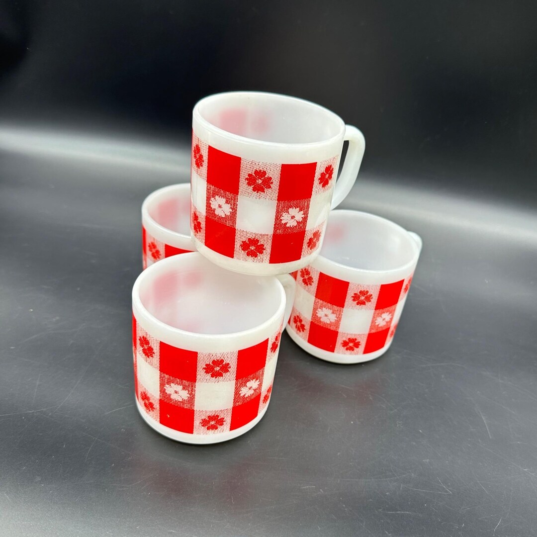 Vintage Mugs Federal Glass Red White Checkered Gingham Coffee Cups Set ...