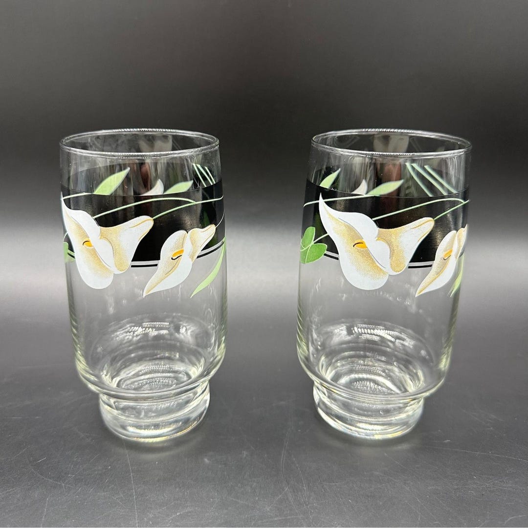 Vintage Tumblers Sango Quadrille Black Lily Glass Retro 1980s Cottage ...