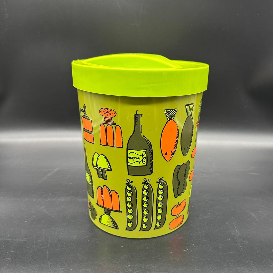 Vintage Canister 1970s Kitsch Green Food Retro Kitchen Storage ...