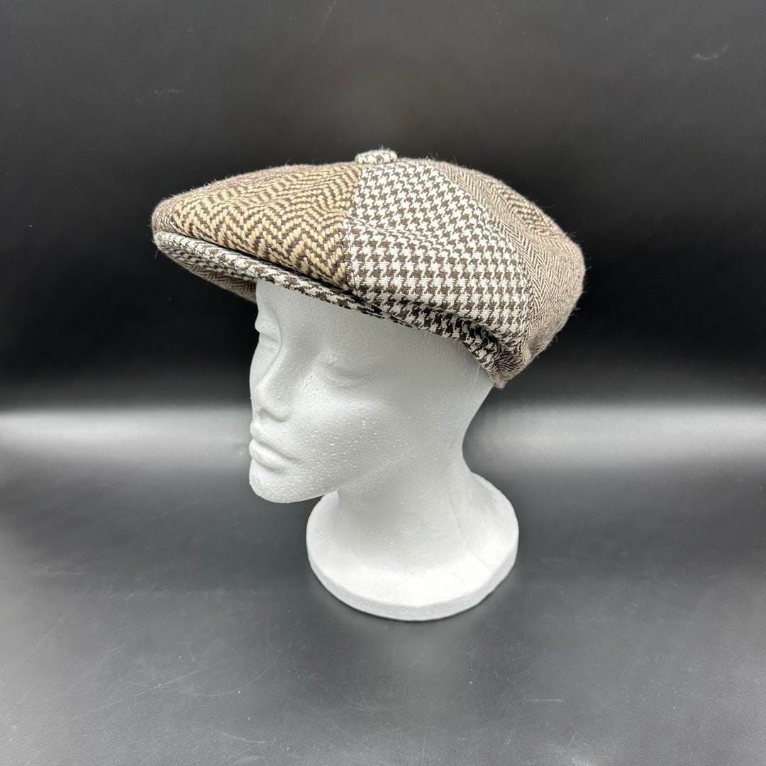 Vintage Newsboy Cap Cappie Wool Tweed Brown Tan Houndstooth Golf Hat ...