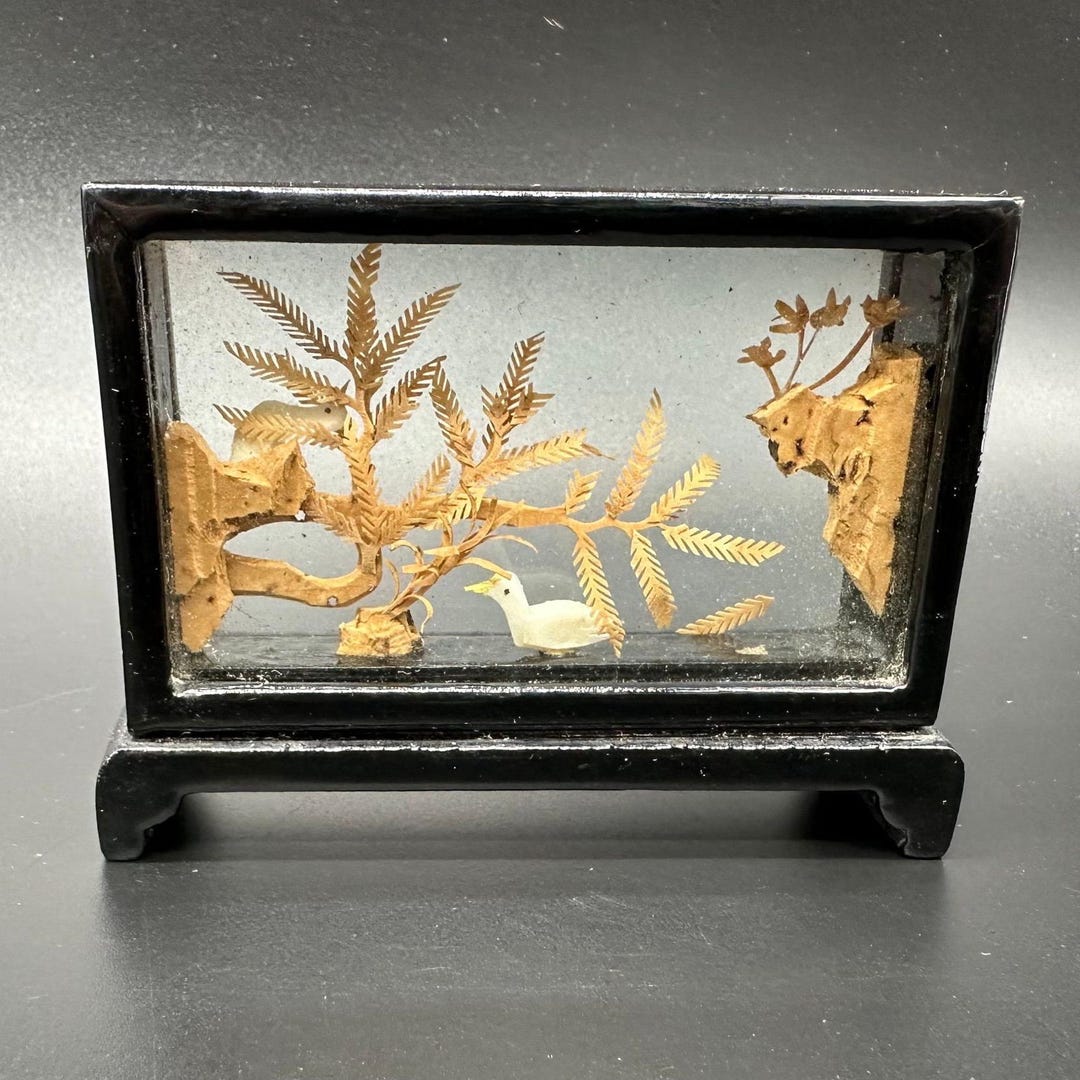 Vintage Chinese Cork Diorama Shadow Box Carved Cranes Black Lacquer MCM ...