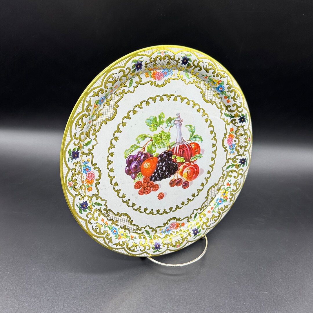 Vintage Decorative Tray Daher England Round Fruit and Wine Metal White ...