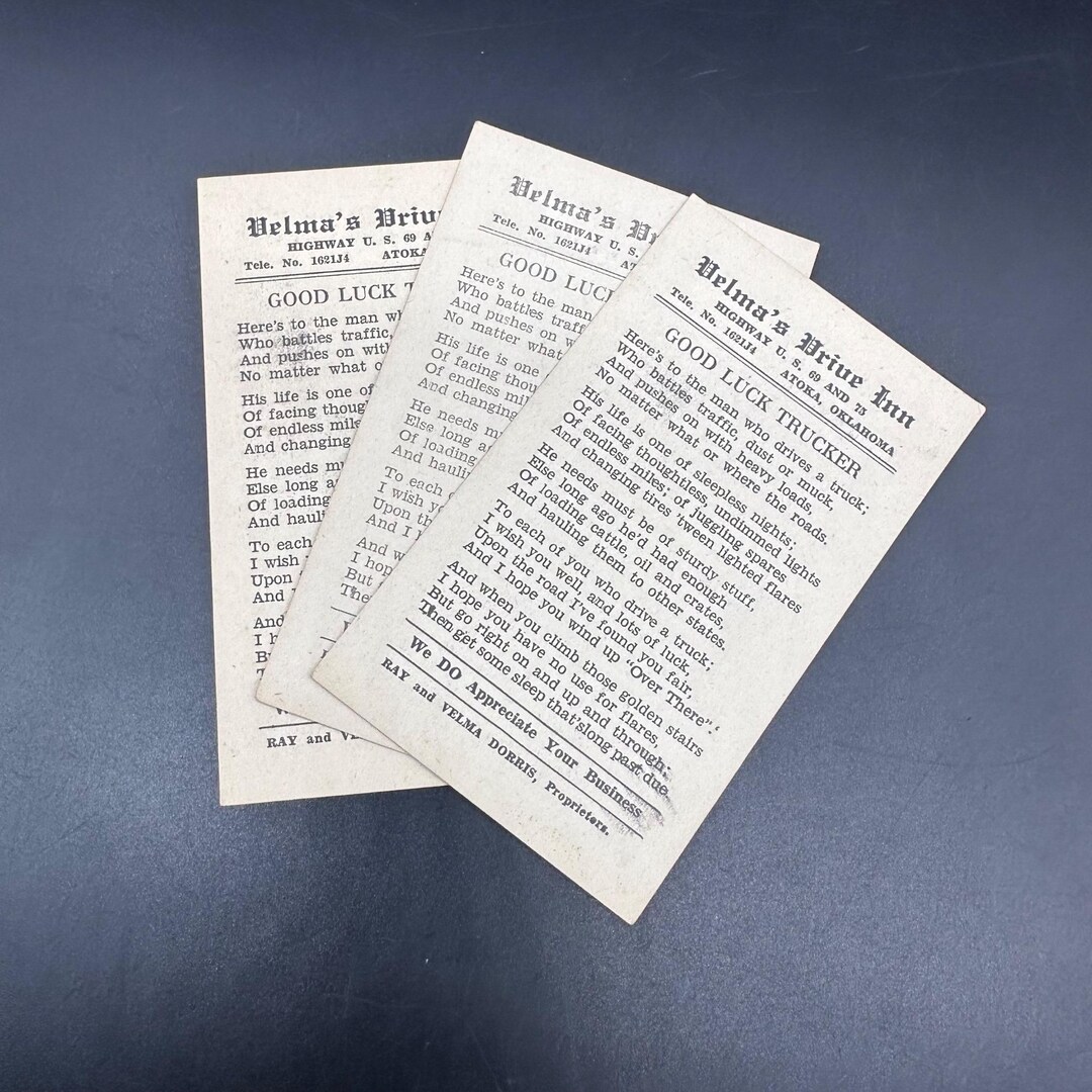 Vintage Trucker Poem Cards Advertising Velmas Drive Inn Atoka Oklahoma ...