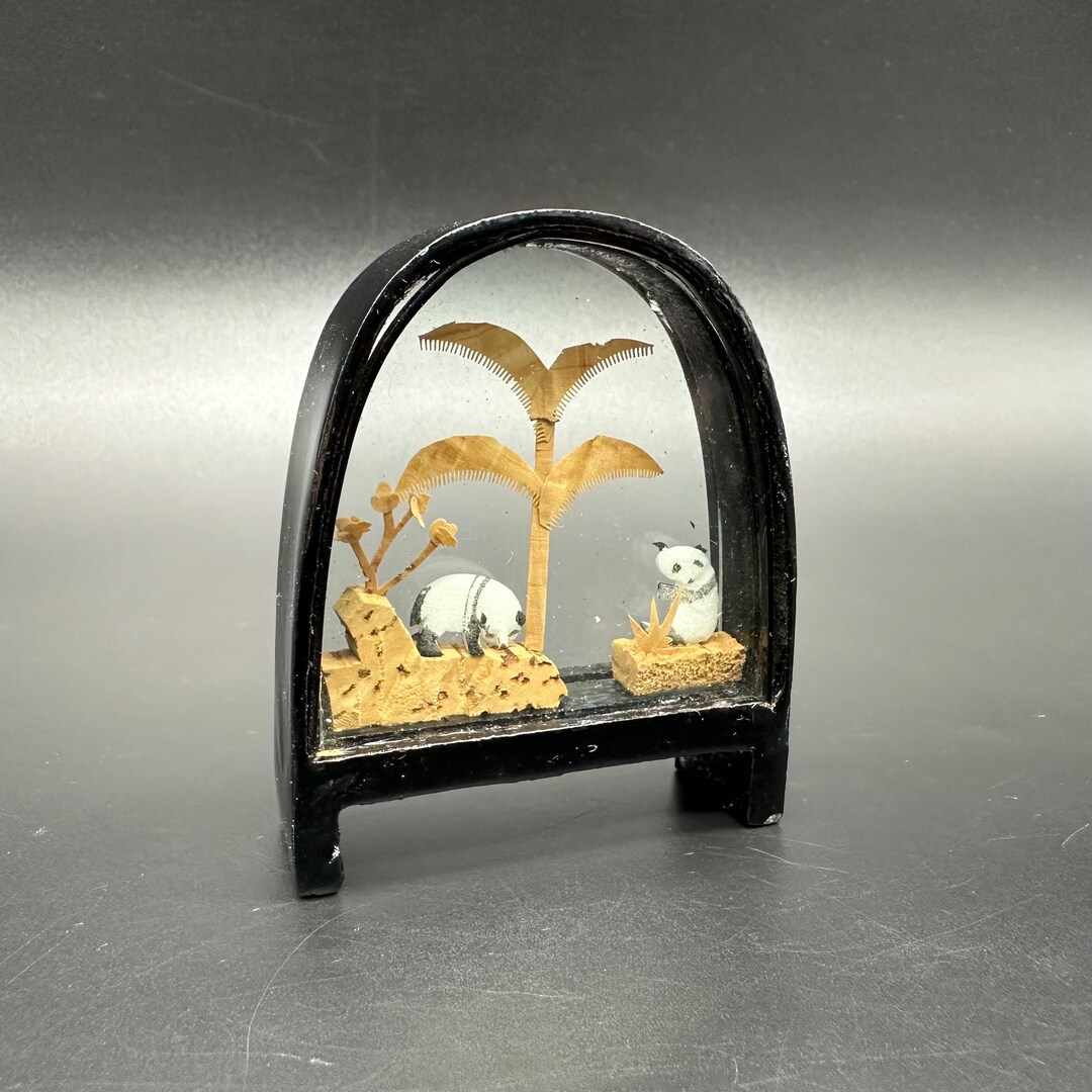 Vintage Carved Cork Diorama Asian Chinese Panda Bear Black Lacquered ...