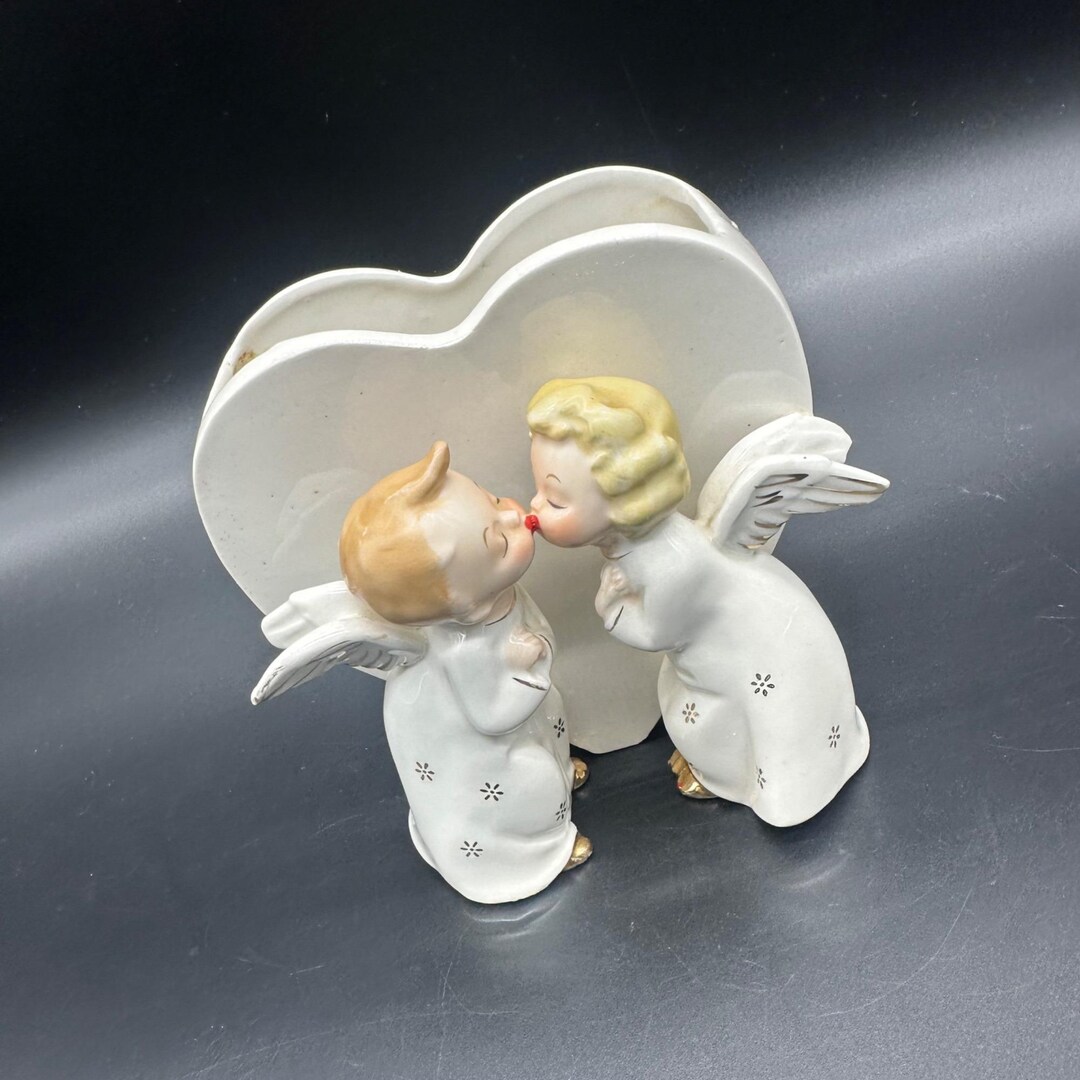 Vintage Kissing Angels Heart Shaped Planter Kitschy Ceramic Valentines ...
