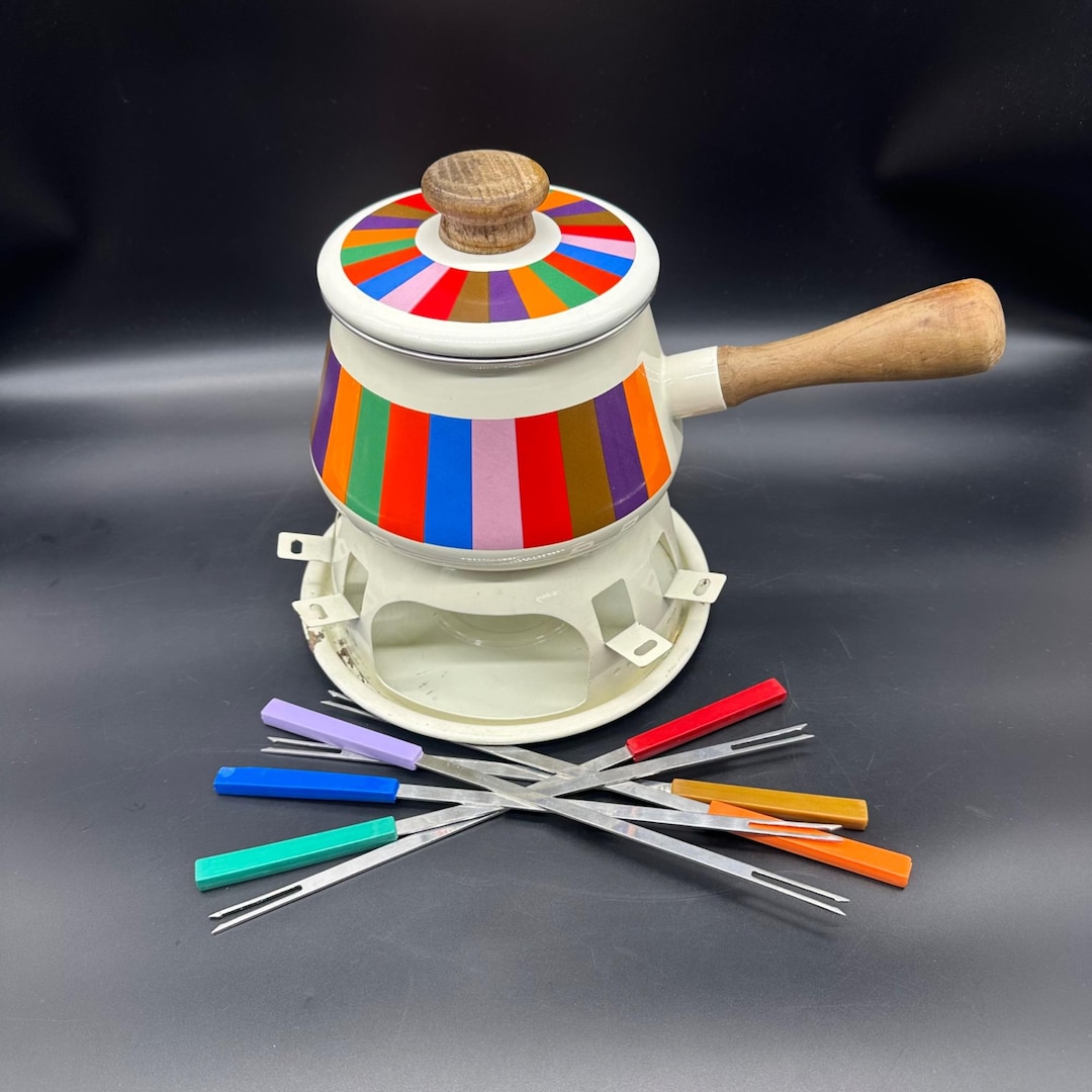 Vintage Fondue Set Rainbow Stripes 1960s San Remo Enamel Imperial ...