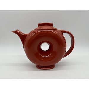 Vintage Hall Donut Teapot Art Deco Style USA Ceramic Red Orange Hole ...
