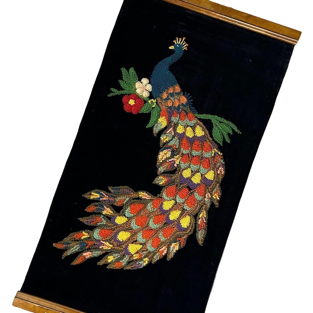 Vintage Peacock Wall Hanging Tapestry Punk Needle Embroidery Black ...