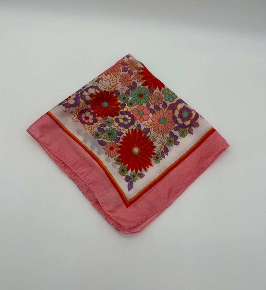 Vintage Scarf Wrap Handkerchief Pink Flowers Japan Floral Purple Square ...