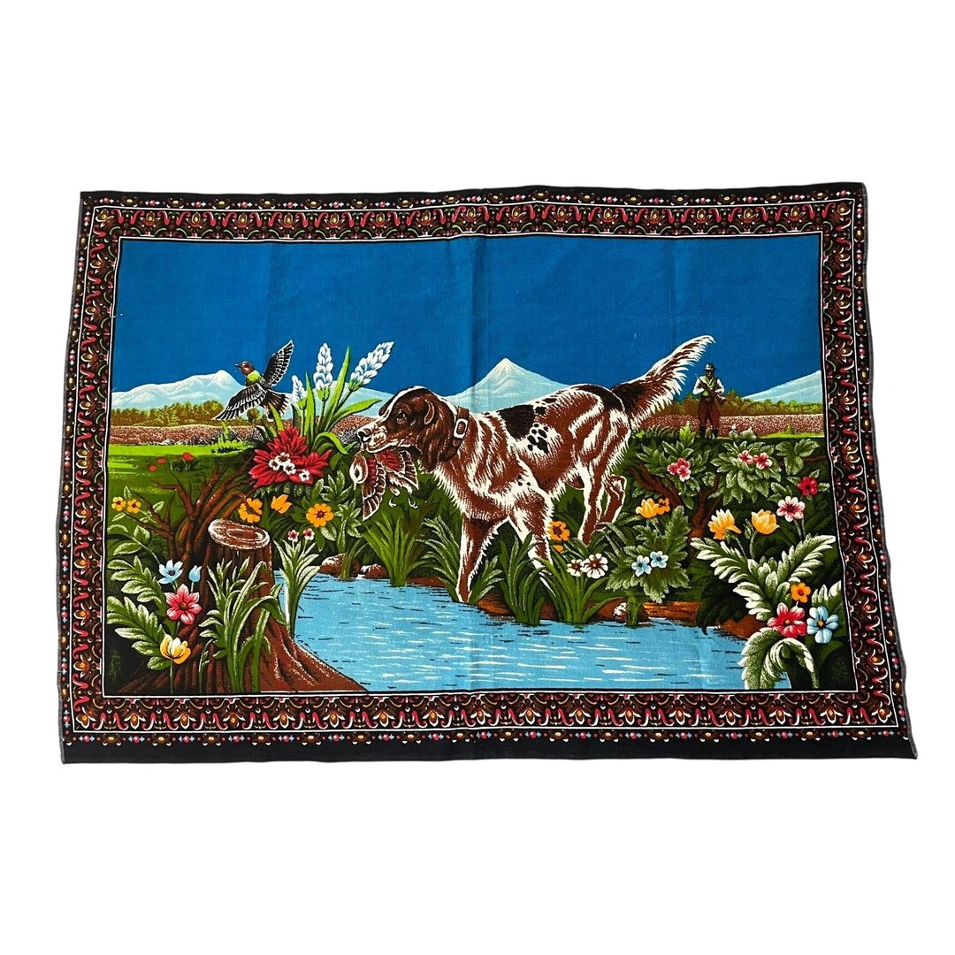 Vintage Tapestry Wall Hanging Turkish Pointer Hunting Dog Floral Rug ...