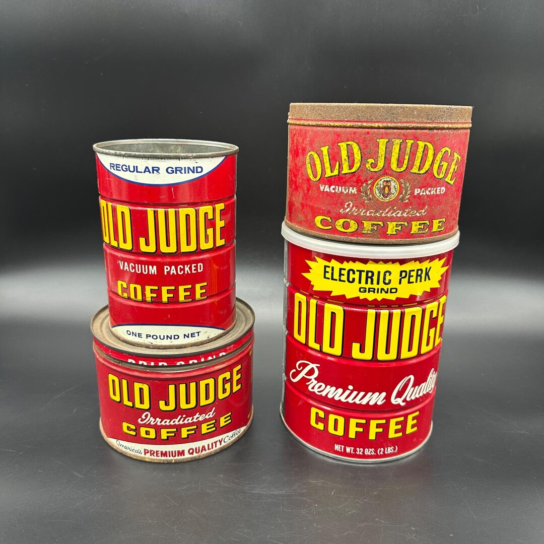 Vintage Old Judge Coffee Tin Cans Lot of 4 Electric Red Yellow Kitchen ...