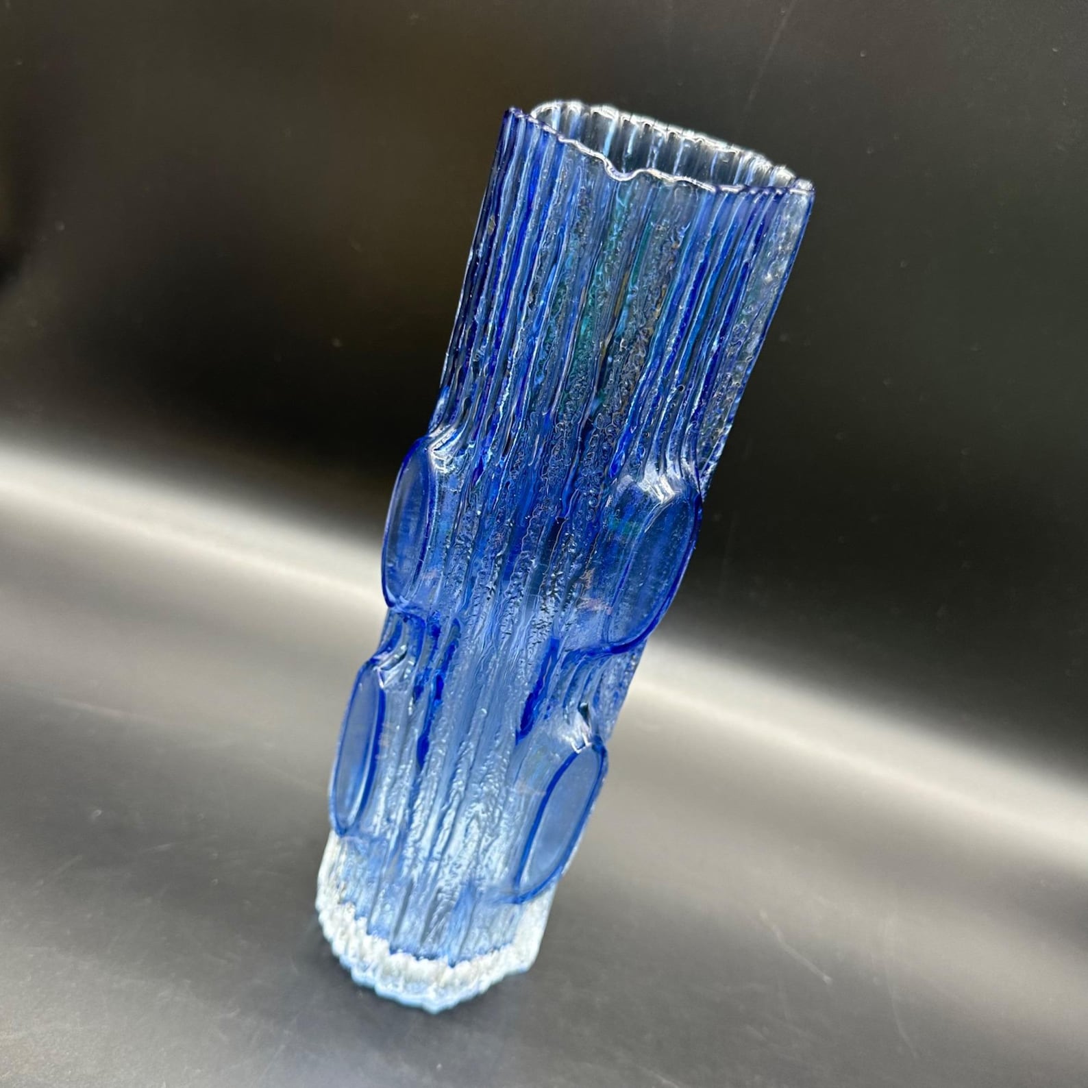 Vintage Blue Vase Bamboo Textured Glass Tree Trunk Japan 10 Inch Flower ...