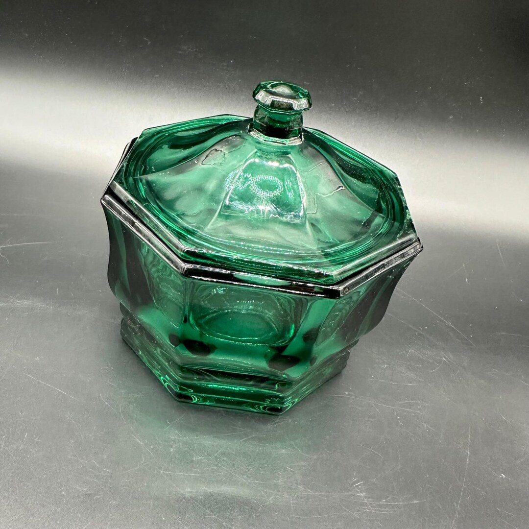 Vintage Candy Dish Indiana Glass Green Octagon Storage Jar Retro Bowl ...
