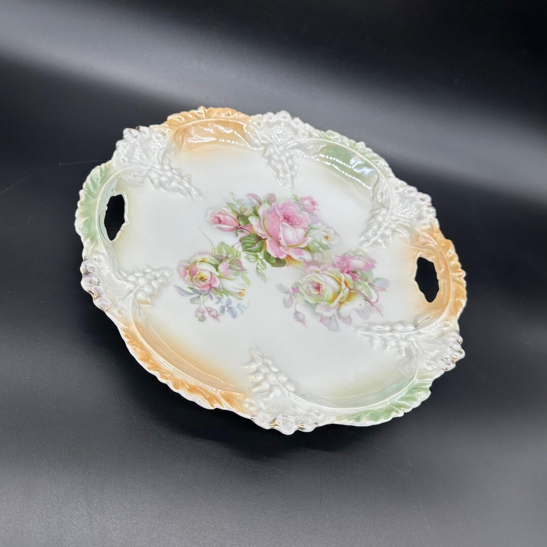 Antique German Porcelain Plate Pink Roses Double Handle Decorative ...