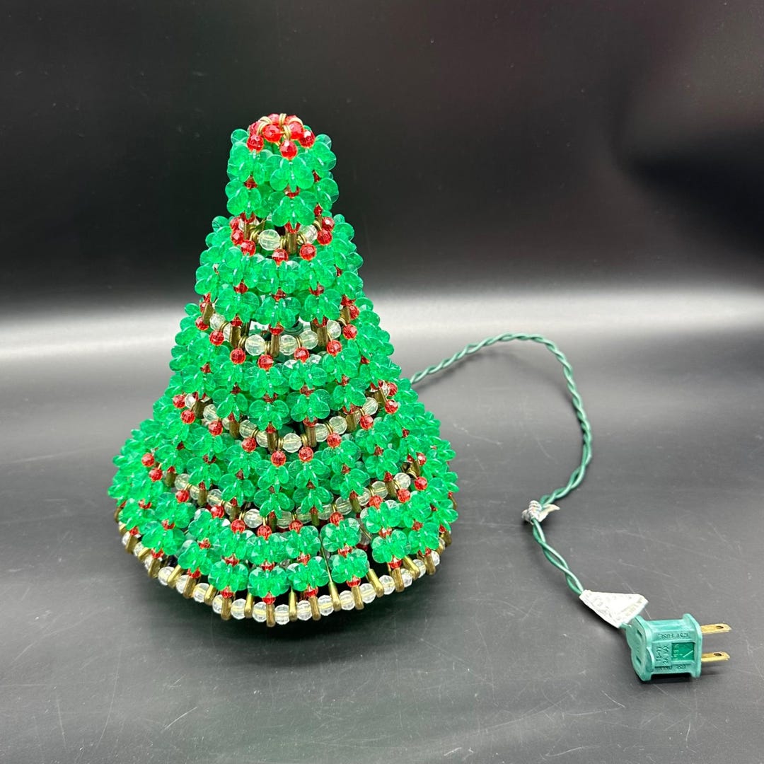Vintage Lighted Christmas Tree Safety Pin Plastic Beads Red Green Retro ...