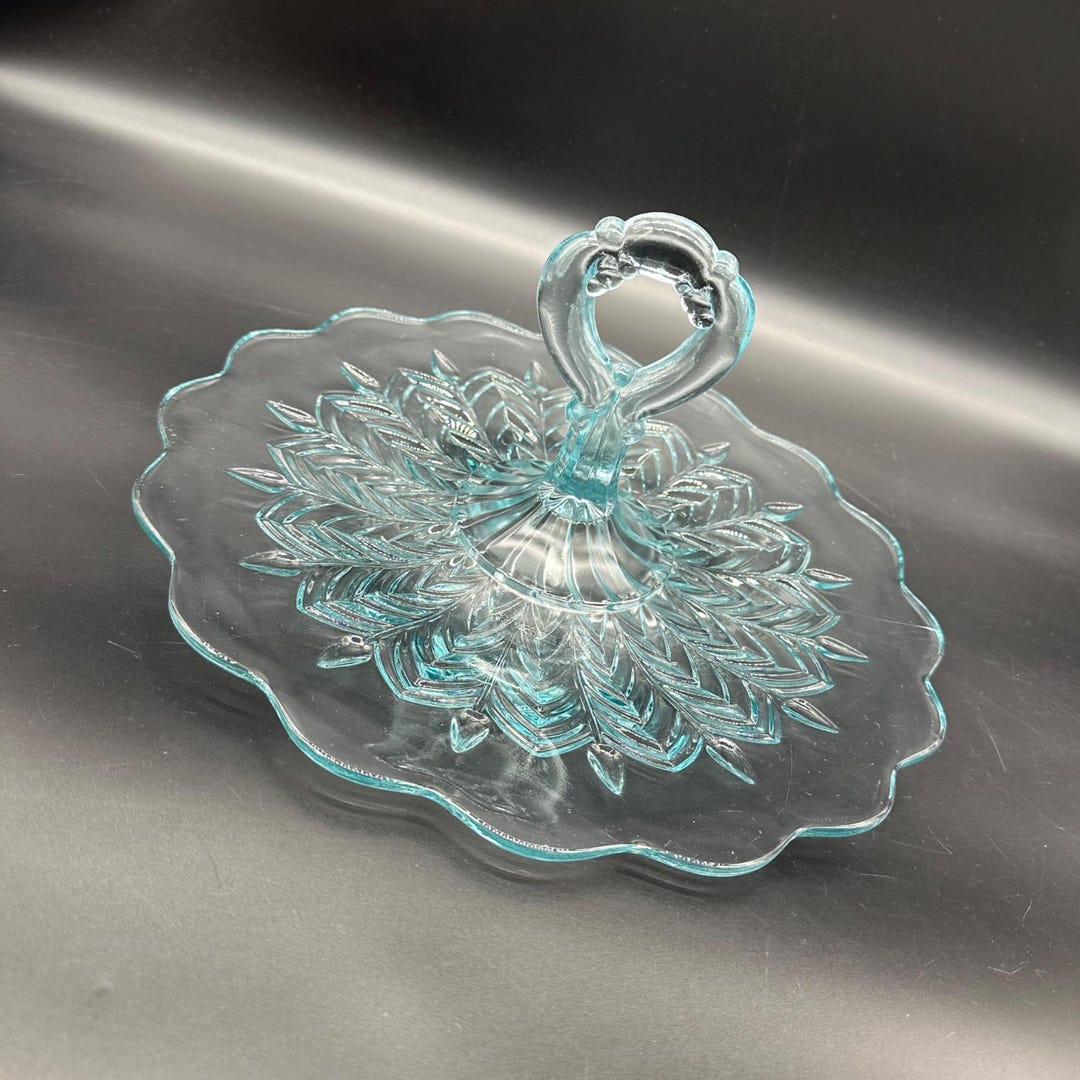 Vintage Tidbit Tray Jeanette Glass Ice Blue Serving Platter Feather ...