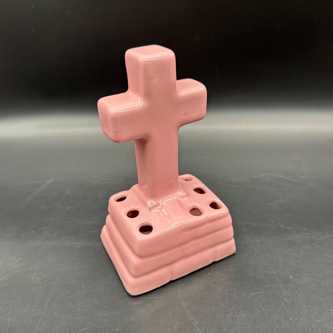 Vintage Frankoma Pottery USA Pink Cross Flower Frog Floral Arranger ...