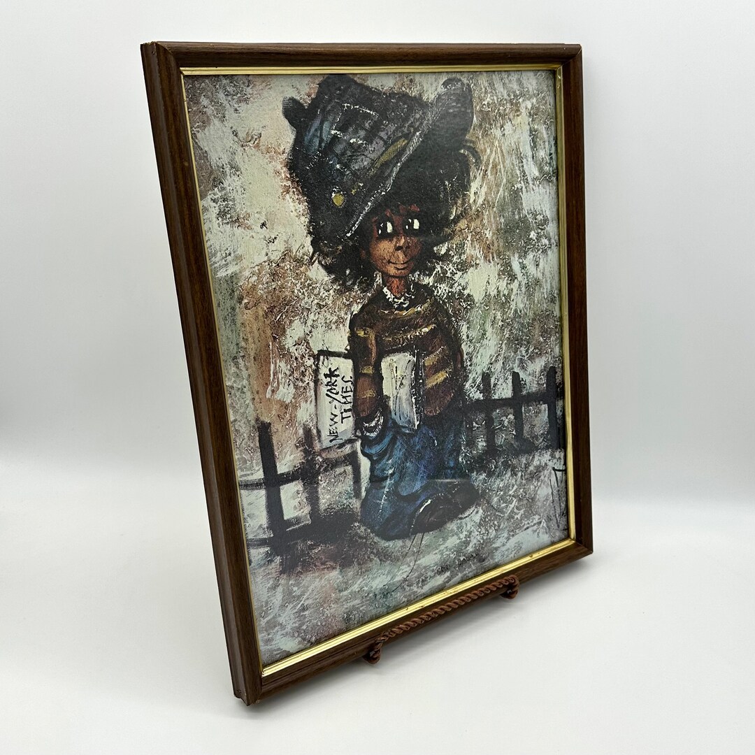 Vintage MCM Print Big Eyed Boy Wood Framed Wall Hanging Kevin Byrne ...