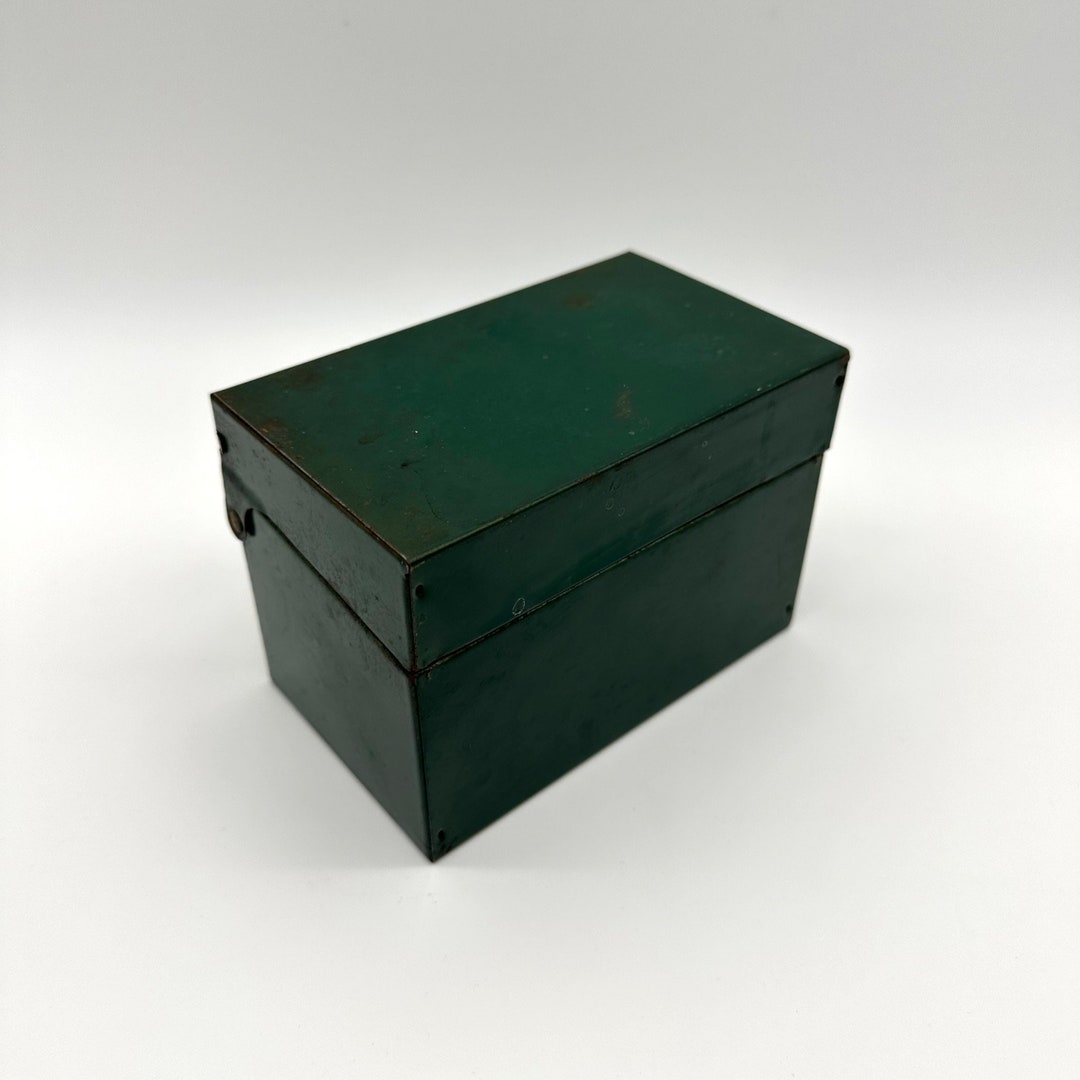 Vintage Recipe Box File Green Metal Storage Container Retro Holder ...