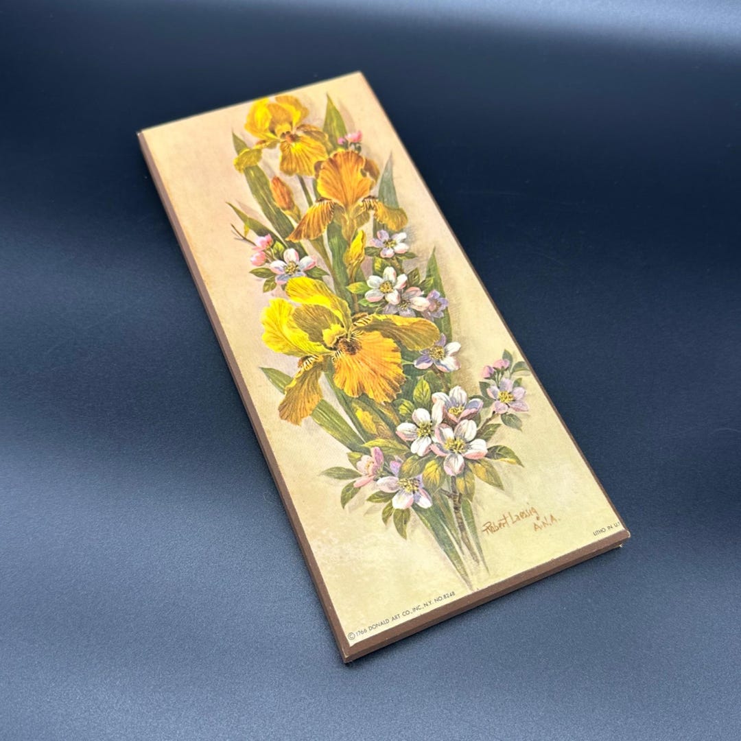 Vintage Floral Wall Hanging Plaque 1966 Donald Art Yellow Iris Flowers ...