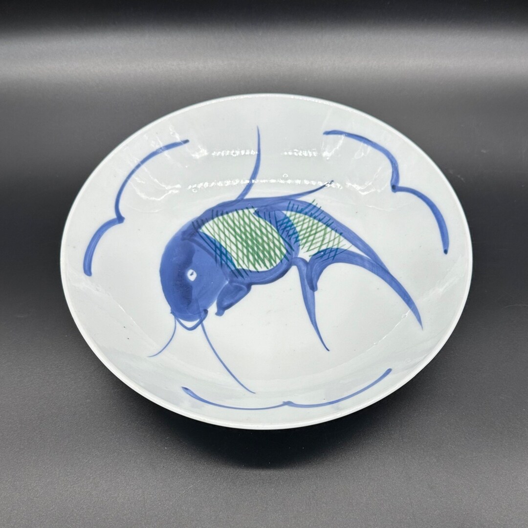 Blue Fish Bowl Hand Painted Porcelain Dish Asian Style Kitchen Green ...