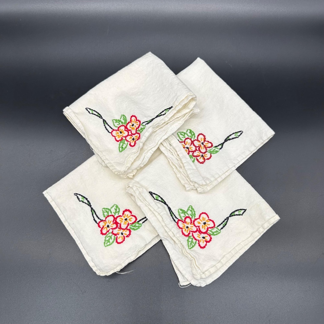 Vintage Hand Embroidered Floral Napkins Flour Sack Cotton Pink Flower ...