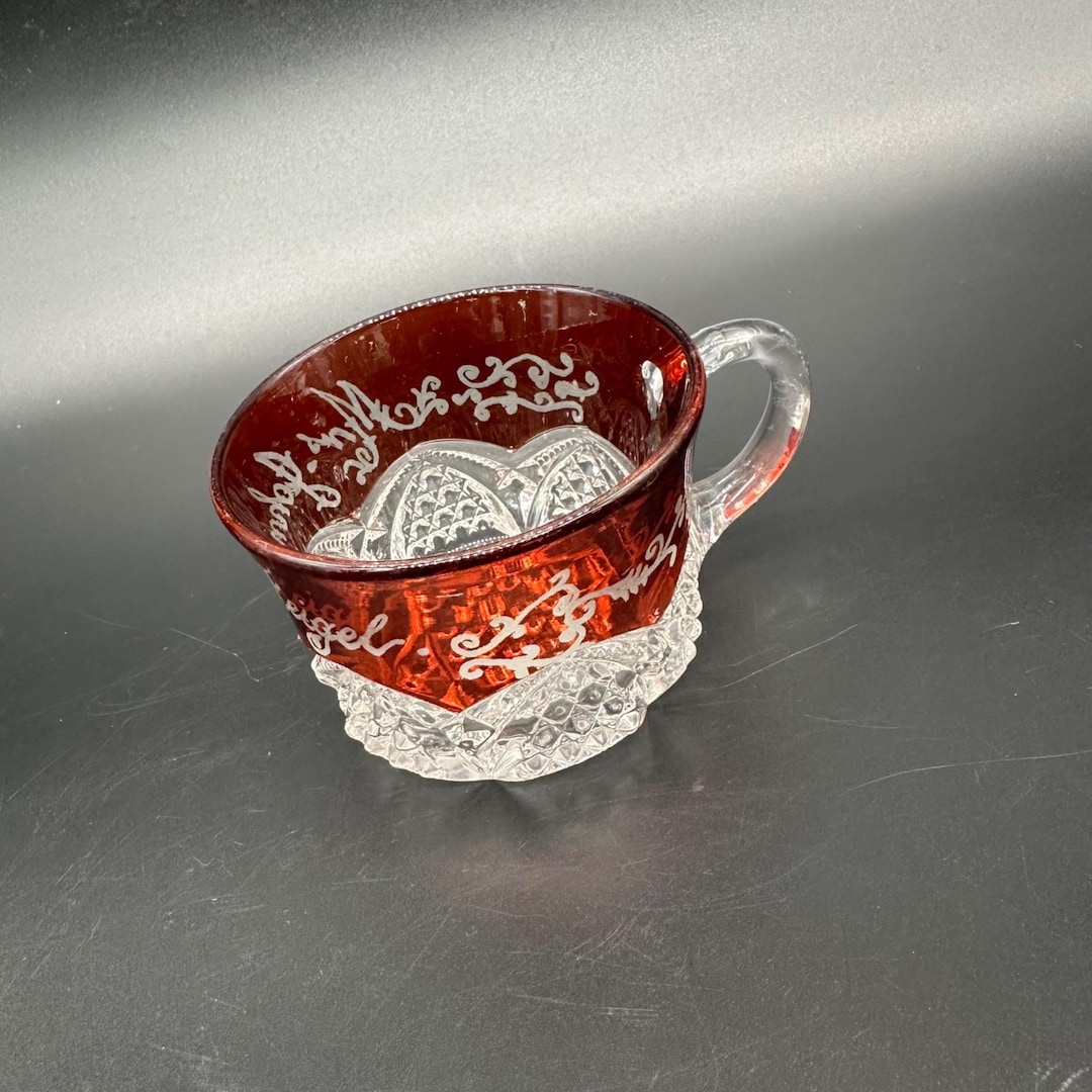 Antique Ruby Red Flash Glass Cup Souvenir Etched Mug EAPG Vintage Mrs ...