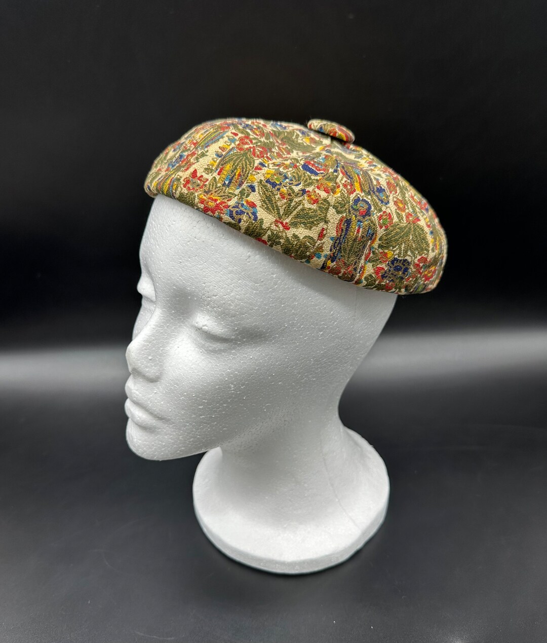 Vintage Hat Cap Gold Green Fabric Floral Botanical Button Advant Garde ...