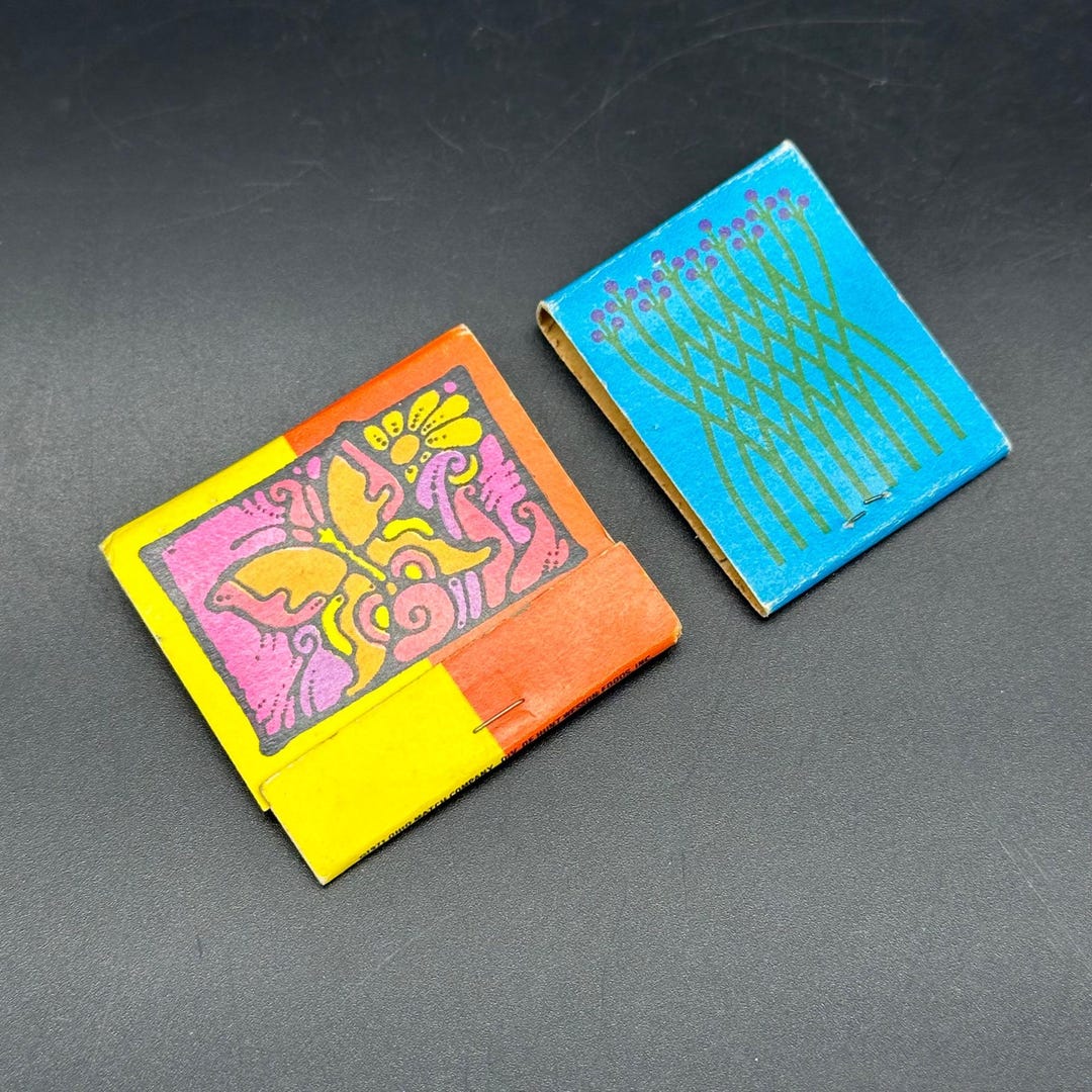 Vintage 1970s Butterfly Floral Matchbooks Flower Power Colorful Pink ...