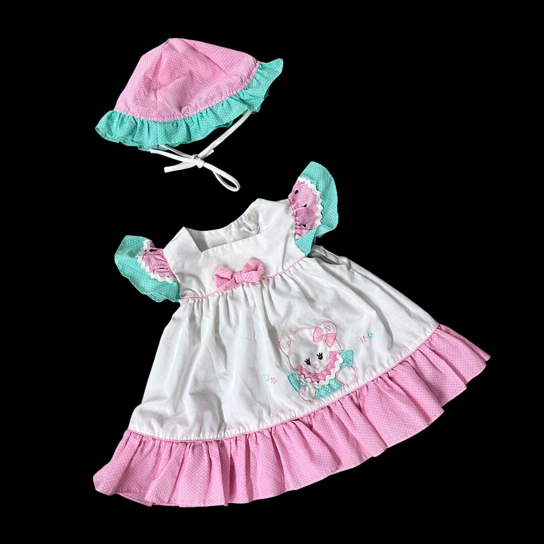 Vintage Baby Girl Dress Hat Set Watermelon Bear Pink Mint Green 6-9 ...
