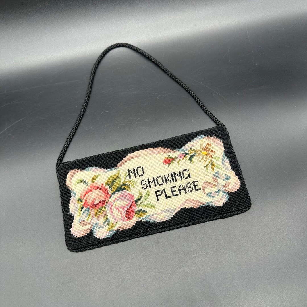Vintage Needlepoint No Smoking Please Sign Floral Hanging Black Pink ...