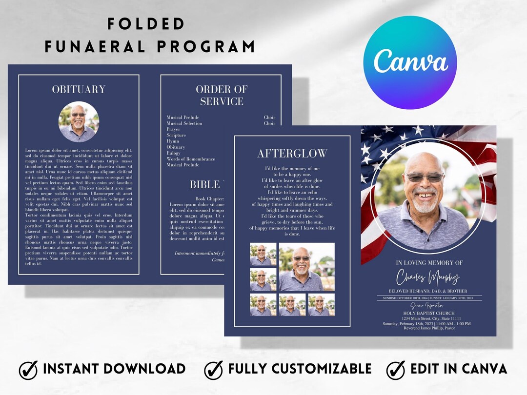 Funeral Obituary Template, Veteran Patriotic USA Flag Funeral Program ...