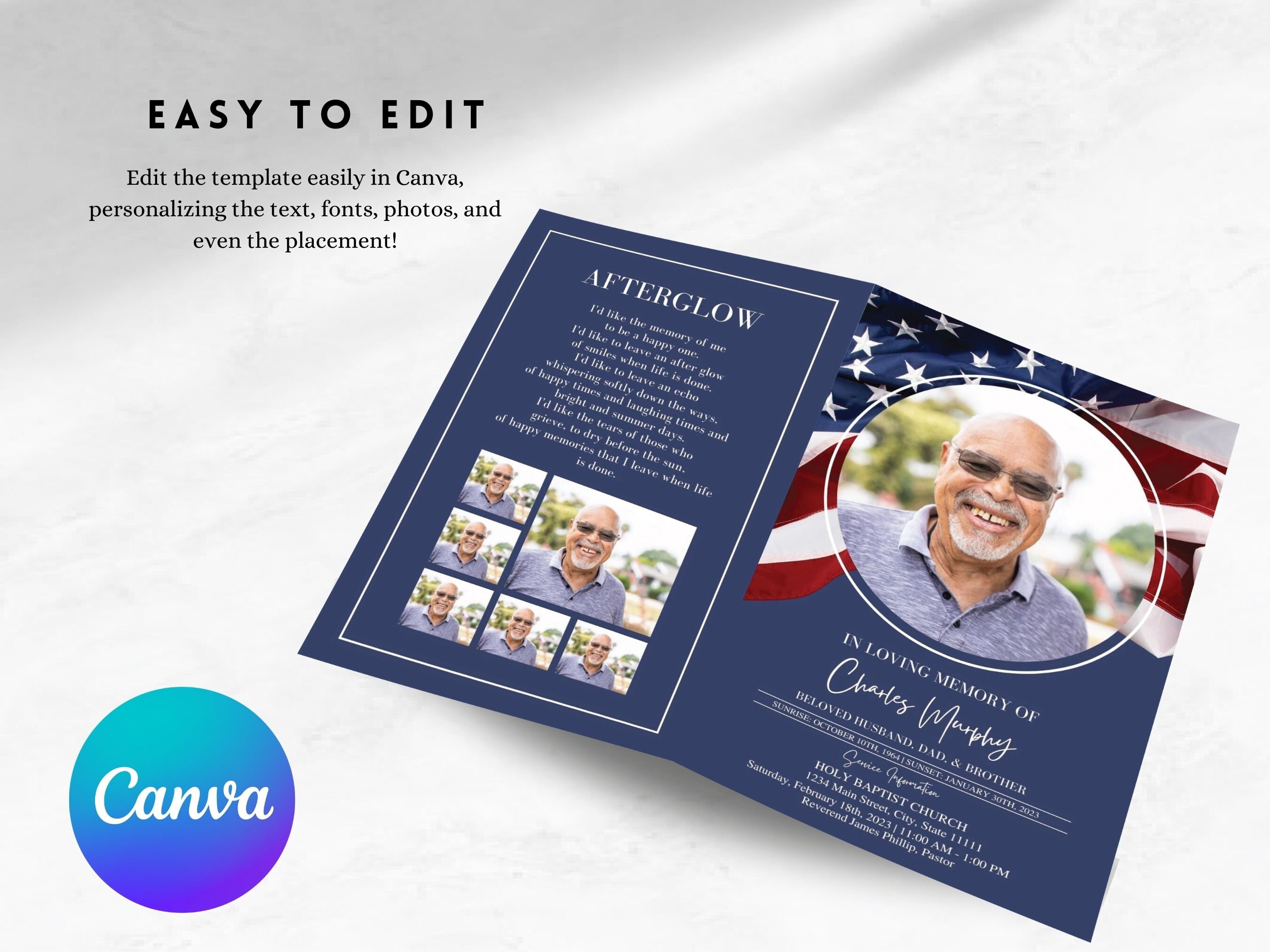 Funeral Obituary Template, Veteran Patriotic USA Flag Funeral Program ...