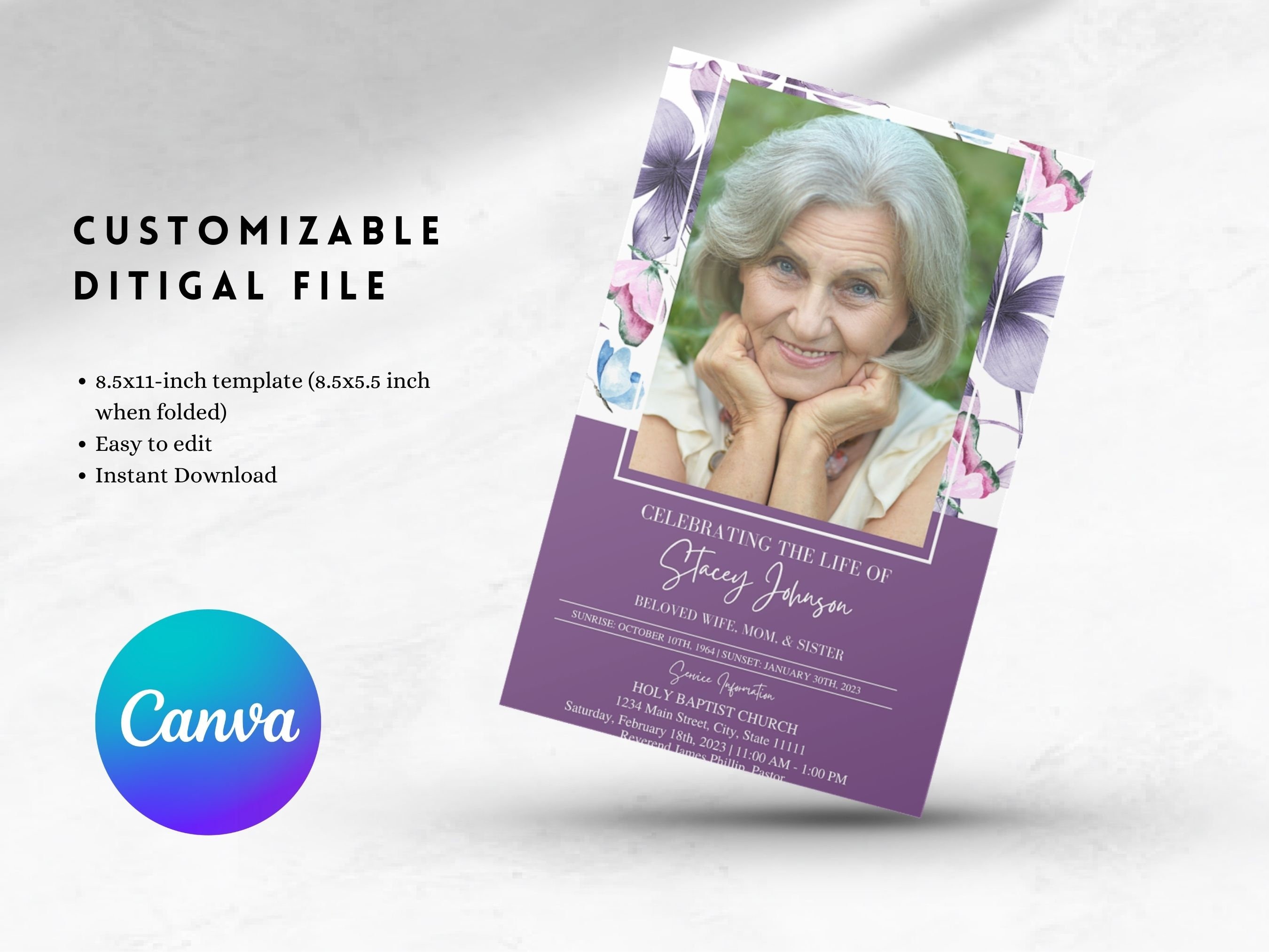 Purple Floral Butterfly Funeral Obituary Template, Folded Funeral ...