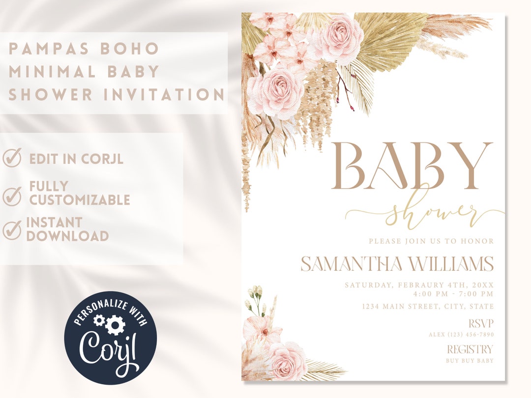 Boho Minimal Baby Girl Shower Invitation, Bohemian Floral Baby Shower ...